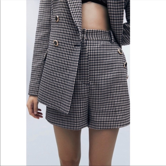 Zara | Shorts | Zara High Waist Houndstooth Shorts With Button Detail ...